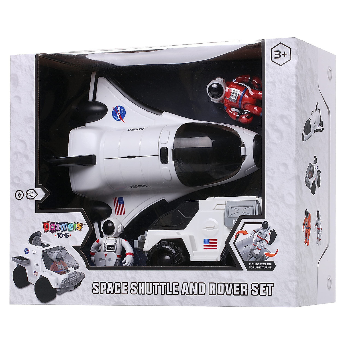 Dazmers Space Shuttle Toy - Kids Spaceship with 2 Astronaut Figures, Mechanical Arm and Rover - Rocket Ship Lights Up with Blast Off Sound Effects - Fun Space Toys for Children, Boys and Girls