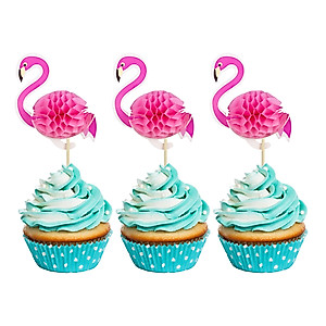 Ephlyn 24pcs 3D Flamingo Cupcake Toppers, Tropical Aloha Luau Cupcake Picks for Baby Shower, Summer Party, Wedding & Birthday Cake Decorations