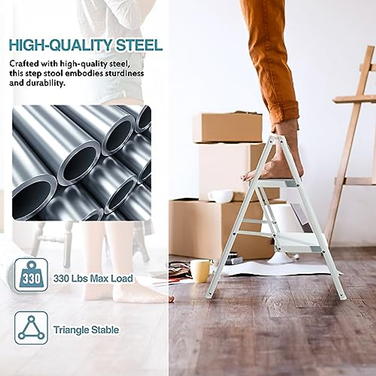 BOCOM 2 Step Ladder, Lightweight Portable Foldable Collapsible Folding Sturdy Steel Metal Step Stool with Anti-Slip Wide Pedal, Heavy Duty 330 lbs Capacity, for Home, Kitchen, Closet, Adults, White