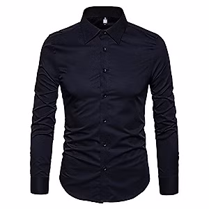 Manwan walk Men's Slim Fit Business Casual Cotton Long Sleeves Solid Button Down Dress Shirts (Large, Black)
