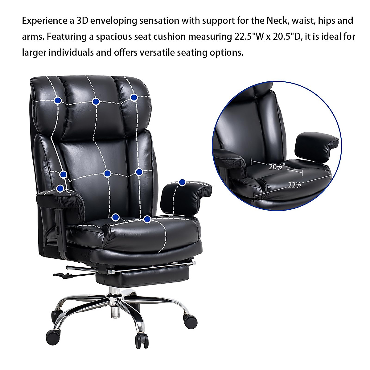 KUMEPOJO Big and Tall Office Chair 400lbs, Wide Seat, Telescoping Leg Rests, Adjustable Armrests - Comfortable Office Chair for Lower Back Pain, Black Heavy-Duty Leather Office Chair