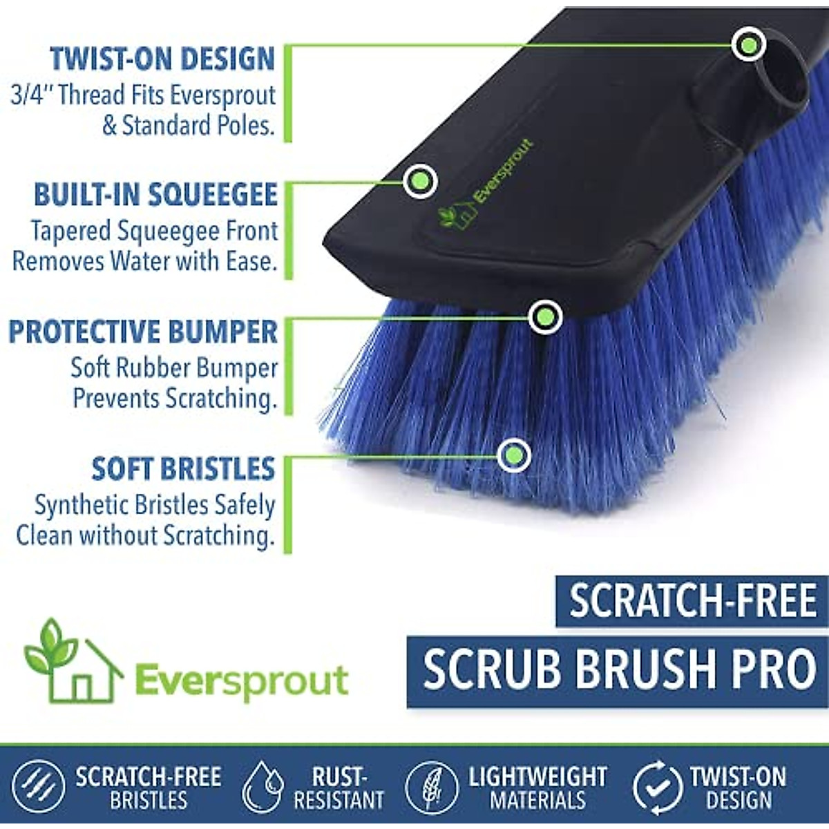 EVERSPROUT 11-inch Scrub Brush with Built-in Rubber Bumper | Soft Bristles wash Car, Truck, RV, Boat, Solar Panel, Floor | Bumper Prevents Scratches | Twists on 3/4-inch Acme Pole (Pole not Included)