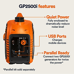 Generac 8251 GP2500i 2,500-Watt Gas Powered Portable Inverter Generator - Compact and Lightweight Design - Produces Clean, Stable Power - COsense Technology - CARB Compliant - Orange/Black