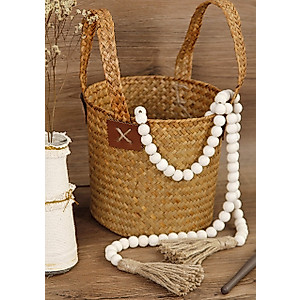 58in Wood Bead Garland with Tassels,Farmhouse Beads Rustic Country Decor Prayer Boho Beads Wall Hanging Decoration (Nature)