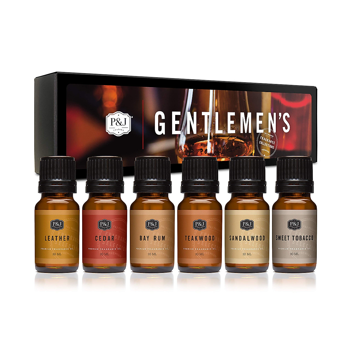 P&J Trading Fragrance Oil Gentlemen's Set | Leather, Sweet Tobacco, Teakwood, Bay Rum, Cedar, Sandalwood Candle Scents for Candle Making, Freshie Scents, Soap Making Supplies, Diffuser Oil Scents
