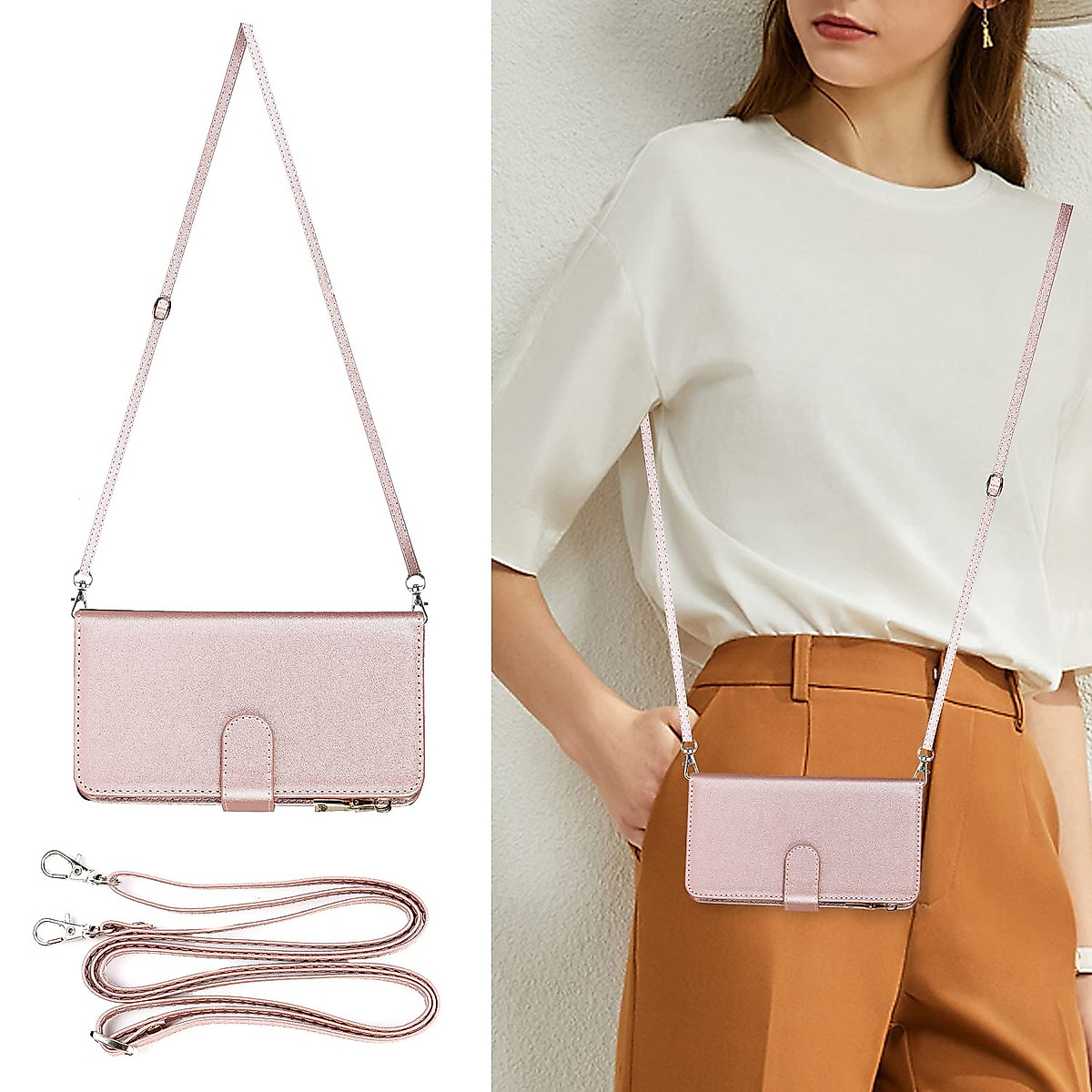 iCoverCase for iPhone 13 Wallet Case with Card Holder and Adjustable Crossbody Lanyard, PU Leather Kickstand Card Slots [Not Detachable] Flip Cover Case 6.1 Inch (Rose Gold)