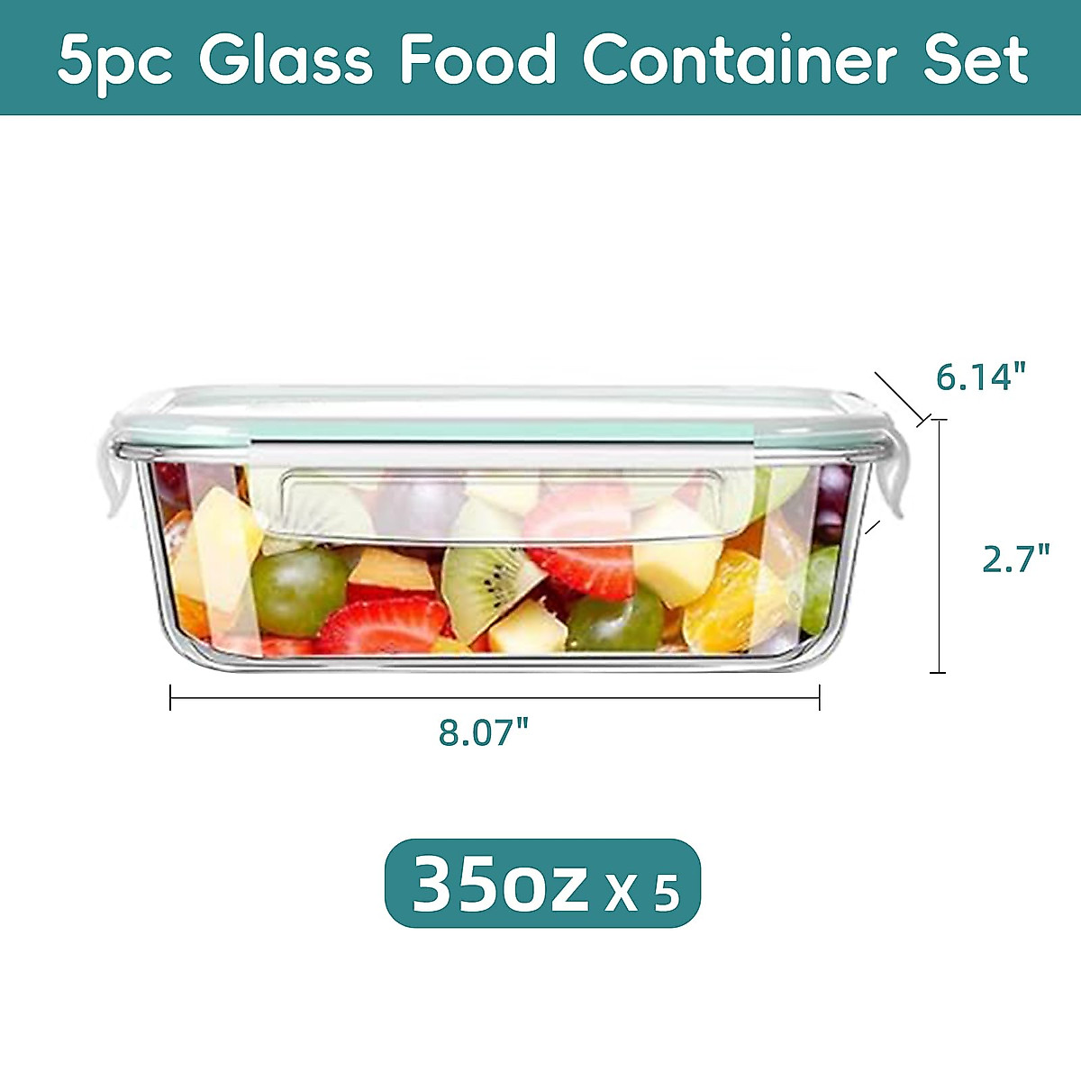ECO-TOGO Airtight Glass Food Storage Containers with Lids, Glass Lunch Box, Leak-proof, BPA-Free, Microwave, Oven, Freezer, Dishwasher (5-Pack 175oz)