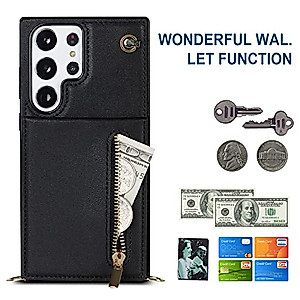 Tncavo Crossbody Wallet Case for Samsung Galaxy S23 Ultra for Women, RFID Blocking Card Holder PU Leather Zipper Handbag Purse Phone Cover with Lanyard Strap for Samsung Galaxy S23 Ultra XKL Black