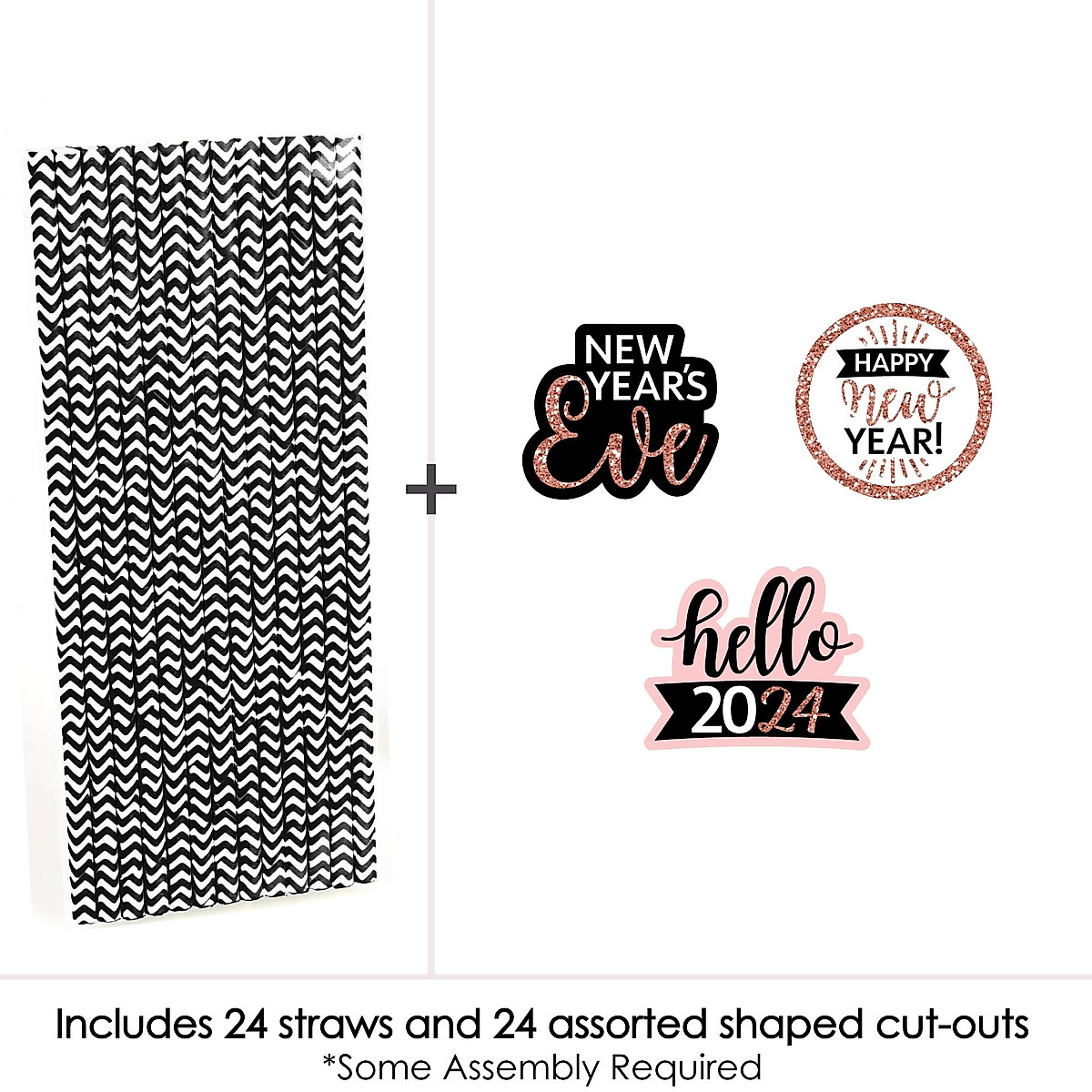 Big Dot of Happiness Rose Gold Happy New Year - Paper Straw Decor - 2024 New Year's Eve Party Striped Decorative Straws - Set of 24