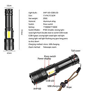 Xkravo LED Handheld Flashlights, 1800 Lumens 7 Light Modes with COB Work Light, Super Bright Rechargeable Zoomable Waterproof Tactical Flashlight with Battery for Emergency, Outdoor, Home, Camping
