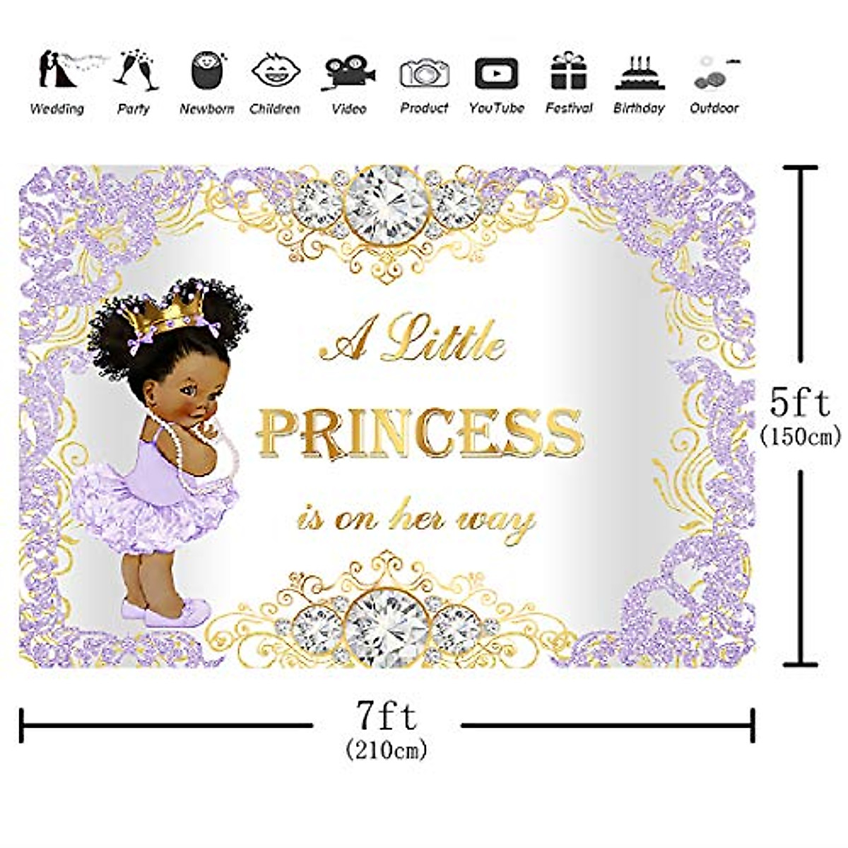 Aperturee Royal Princess Baby Shower Backdrop 7x5ft Little Girl Glitter Diamonds Purple Crown Photography Background Party Decorations Cake Table Banner Favors Photo Booth Studio Prop Supplies