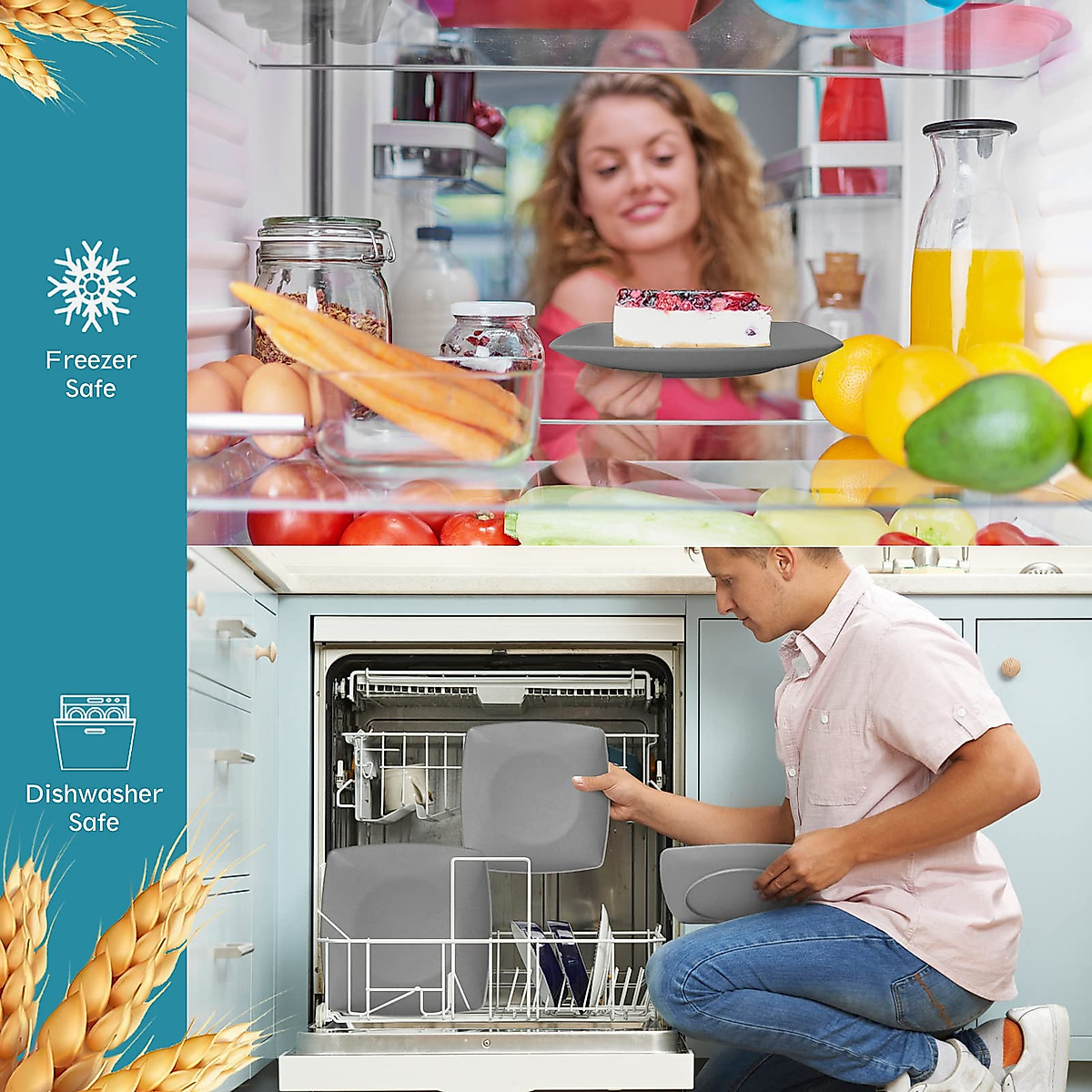 Teivio 32-piece Plastic Wheat Straw Square Dinnerware Set for 8, Unbreakable Dinner Plates, Salad Plates, Snack Bowls, Tumblers 20 oz, Dishwasher Safe, Grey