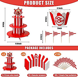 Mimorou Circus Carnival Party Decorations Party Supplies 2 Pcs 3 Tier Tent Striped Circus Cupcake Stands 50 Pcs Striped Popcorn Cupcake Wrappers 100 Pcs Paper Flag Cupcake Toppers Cake Insert Picks