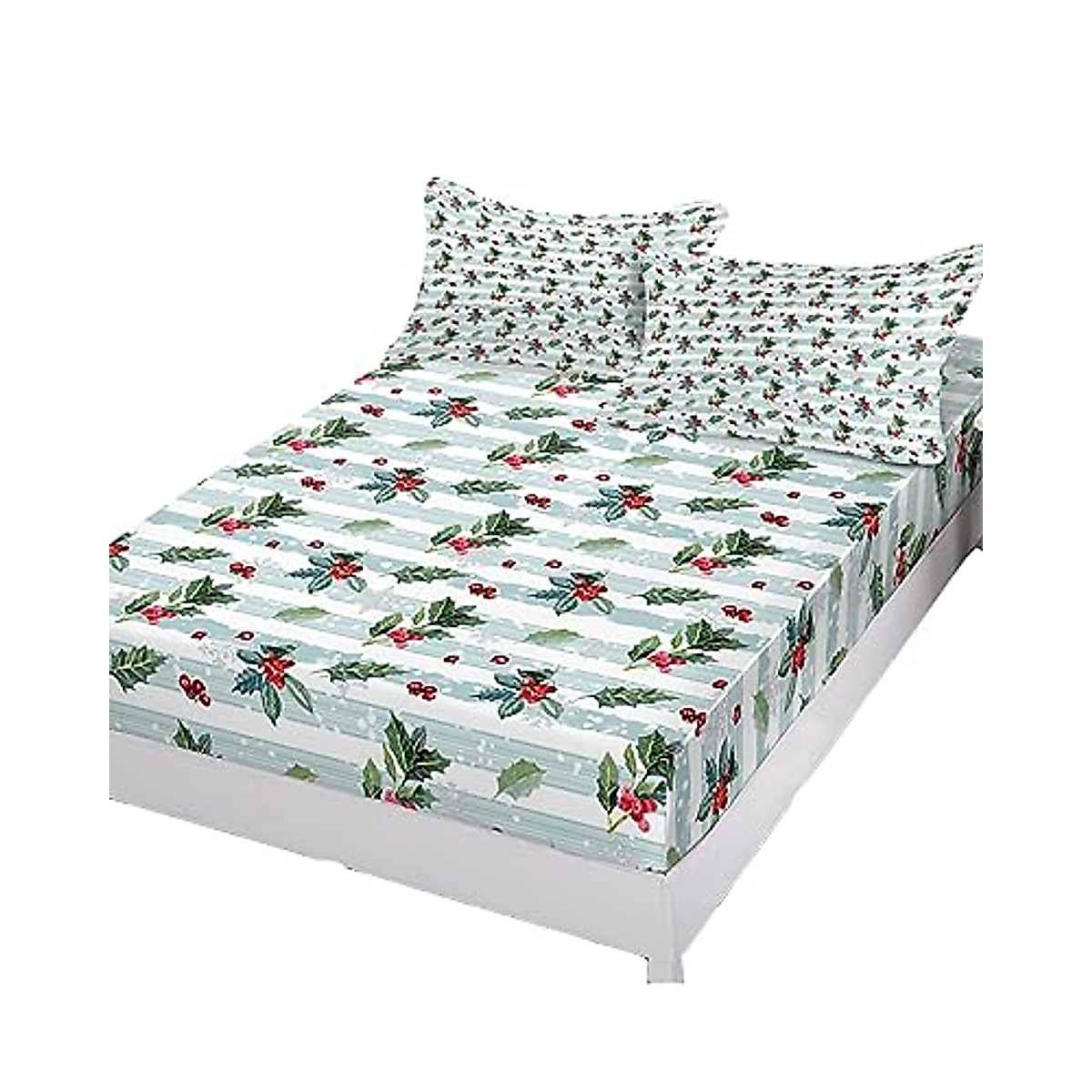 Full Size Fitted Sheet Bed Set Merry Christmas Holly Branch with Berry Deep Pocket Soft Bottom Sheets&Pillowcases for Bedroom Decor White and Blue Stripe,Fits Mattress Up to 16" Deep