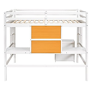 Lifeand Full Size Loft Bed with Desk and Writing Board, Wooden Loft Bed with Desk & 2 Drawers Cabinet,White