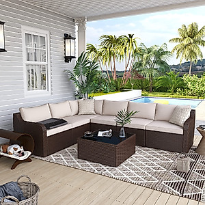 Vicluke 7 Pieces Patio Furniture Set, PE Rattan Sectional Sofa, High Back Outdoor Furniture Set, Wicker Patio Conversation Set with Cushion and Wood Table for Deck, Garden and Backyard (Blue)