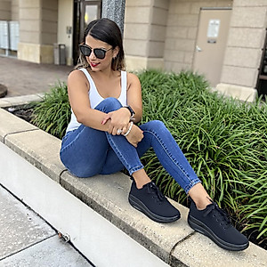 RUIDENG Sneakers for Women Cushion | Women Shoes for Work Whole Day Standing | 2 Inch Rocker Bottom All Black Size 7