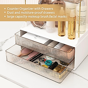 Webetop Bathroom Counter Organizer, Large Makeup Organizer Countertop, Multi-Purpose Vanity Organizer Countertop with 2 Drawers for Storage, Cosmetics, Perfume, Toiletry (Amber)
