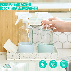 SAVVY PLANET - Glass Spray Bottles for Cleaning, Silicone Sleeve Bottom for Protection, Reusable Glass Spray Bottles 16 Oz With Adjustable Nozzle Settings (2 Pack)