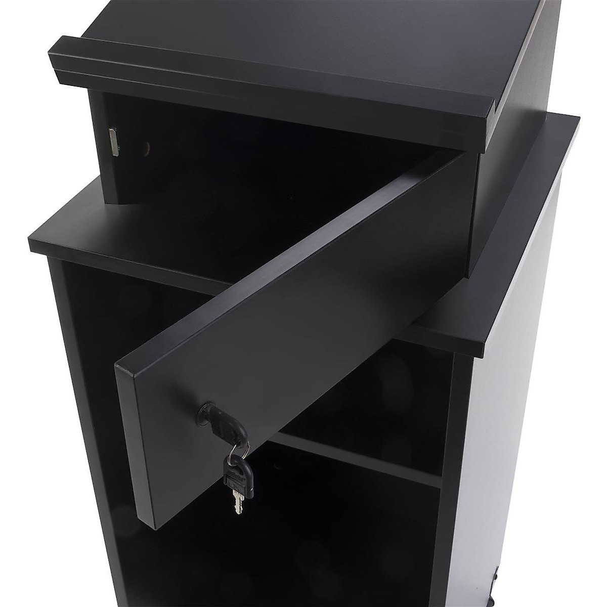 Displays2go Black Speaker Lectern, Elevated Reading Surface, Enclosed Storage Area, Melamine MDF – Black (LCTTBLRBKD)