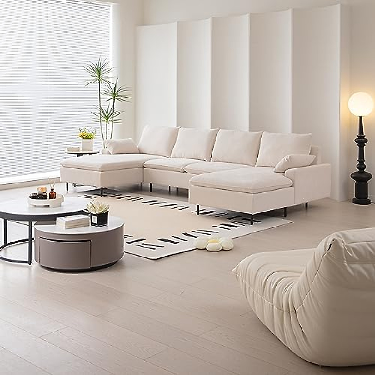 HBRR Modular Sectional Chaises, Oversized U Shaped Couch Linen Fabric Sofa Set, Beige