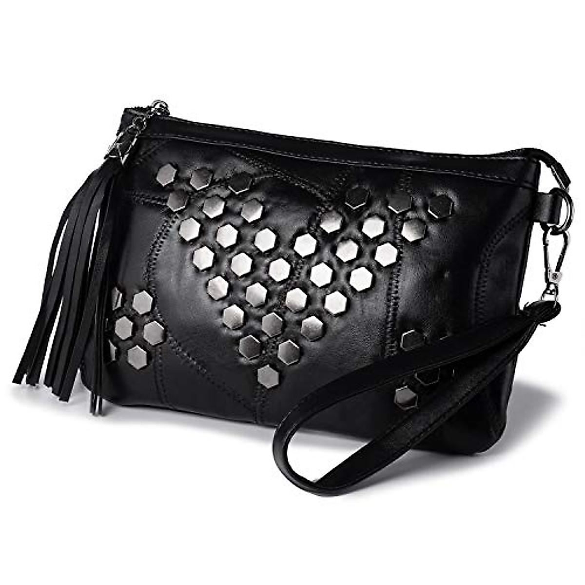 LaRechor Small Crossbody Purse for Women Rivets Clutch Handbag with Tassel Zip & Wrist Strap Bag