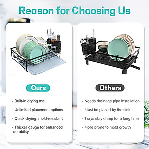 VABNEER Dish Drying Rack with Stone Drying Mat, Quick-Drying/Stainless/Super Sturdy/Space-Saving, Dish Strainers for Kitchen Counter, Escurridor de Trastes para Cocina (Black)