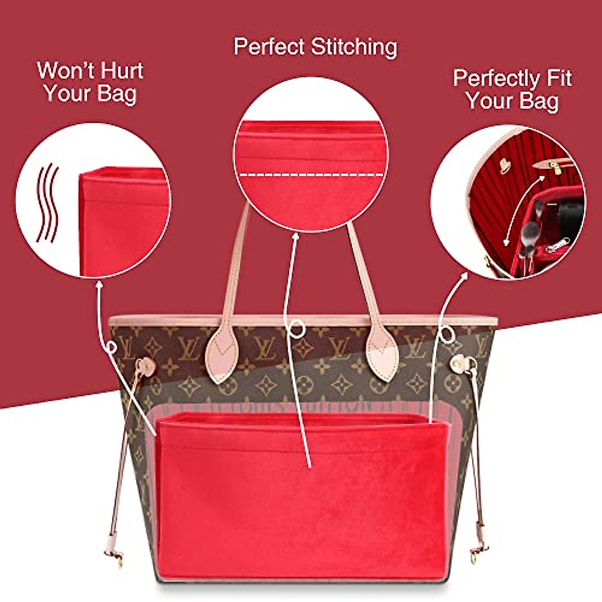 MTRSUE Original Velvet Purse Organizer Shaper Insert for Handbag, Women Tote Bag Organizer With Metal Zipper for Neverfull Speedy and More (Red, Medium)