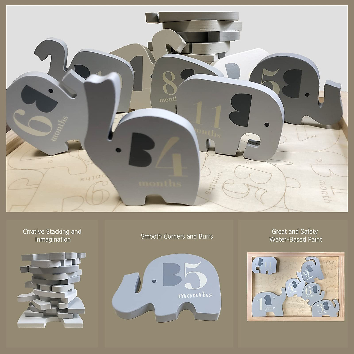 HanMiaMia Wooden Elephant Toys 12 PCS Stacking Toddler Toy Montessori Balance Activities Game for Baby