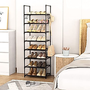 LANTEFUL 8 Tiers Tall Shoe Rack, Narrow Vertical Shoe Rack for Entryway Closet, 16-20 Pairs Shoe and Boots Organizer Storage Sturdy Shoe Shelf, Metal Stackable Shoe Stand with Hooks