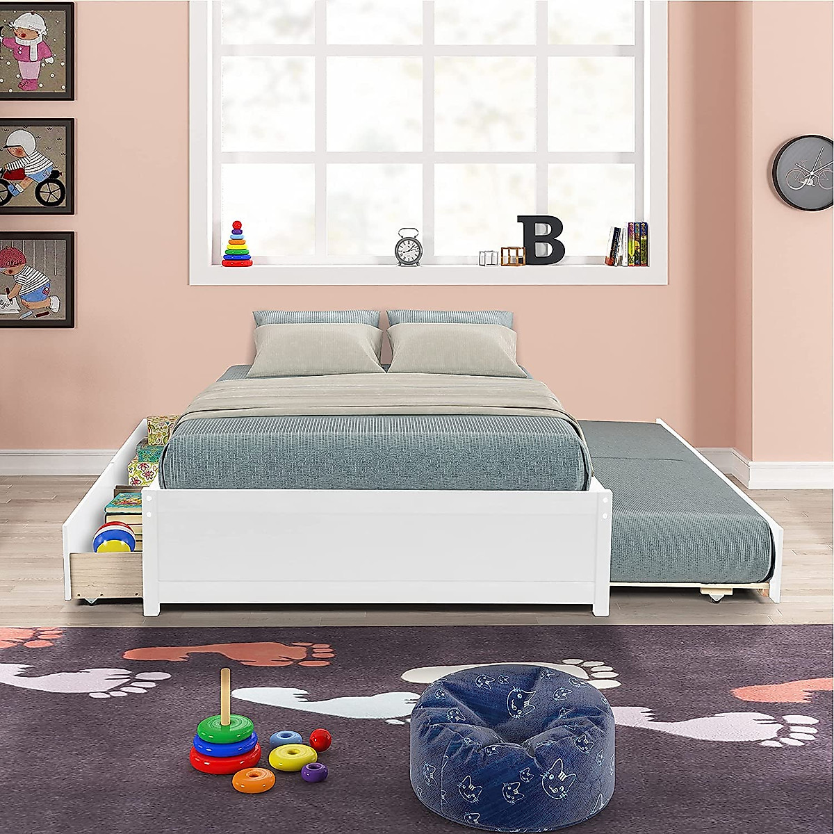 Rophefx Full Size Platform Bed with Trundle and 2 Drawers, Solid Wood Full Kids Beds with Twin Size Trundle, White