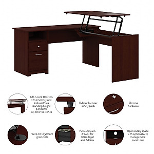 Bush Furniture Cabot 60W 3 Position L Shaped Sit to Stand Desk, Harvest Cherry (CAB043HVC)