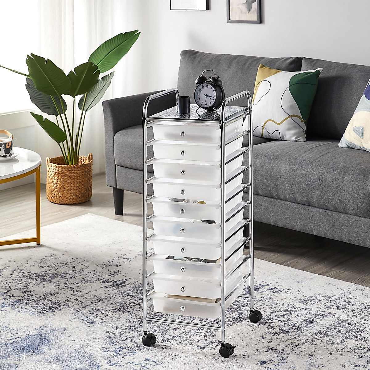 Topeakmart Plastic Trolley with 10 Drawers Rolling Cart Organizer Utility Cart Storage Bin Organizer on Wheels, White