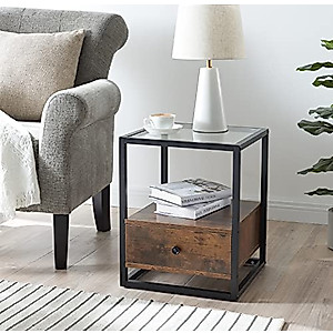 SICOTAS Nightstand Set of 2 - Tempered Glass Top with Drawer - Modern Glass Night Stand with Drawer and Storage Shelf, Industrial End Table Side Table, Bedside Table with Metal Frame for Living Room