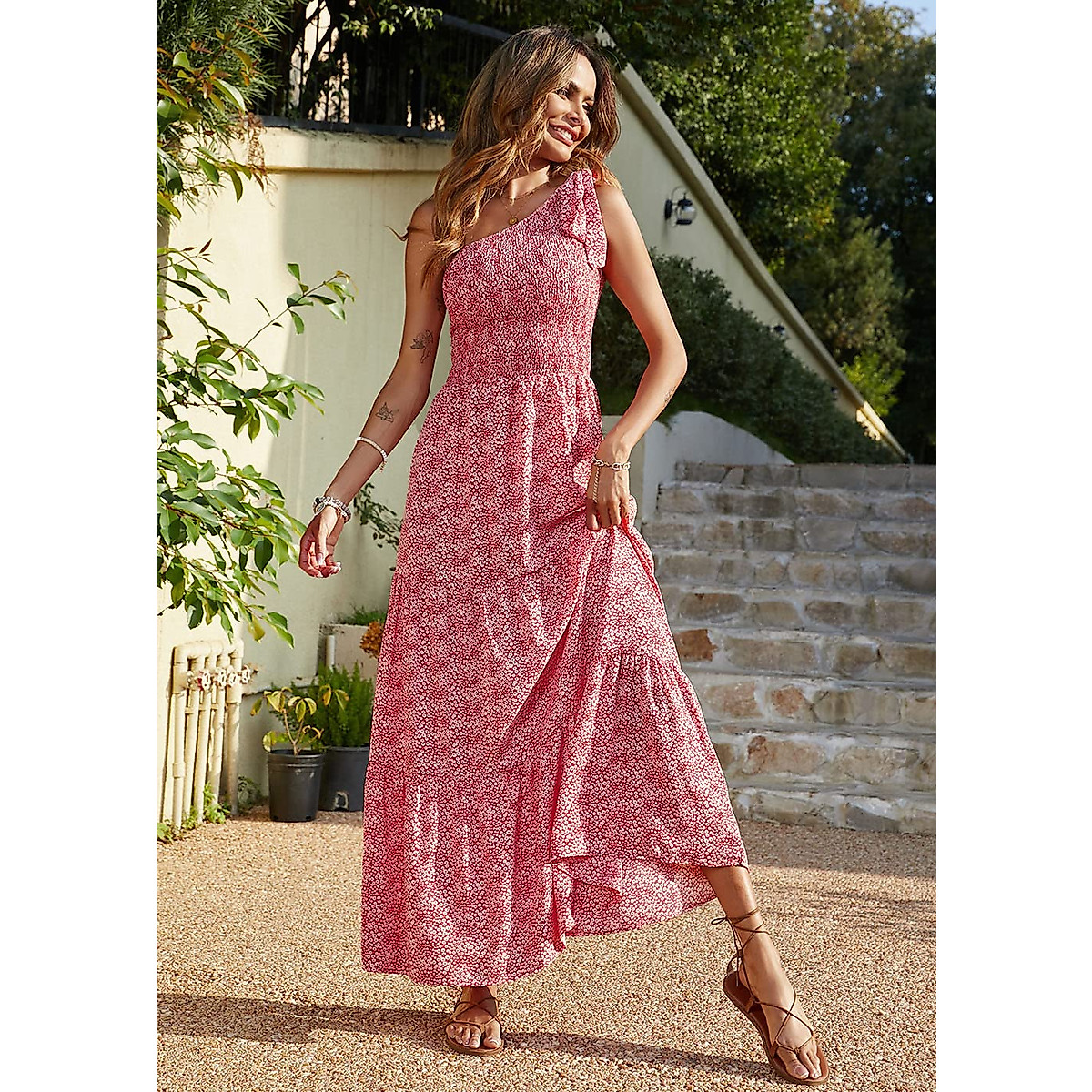 PRETTYGARDEN Women's Summer Floral Maxi Dress Knot One Shoulder Sleeveless Ruffle Flowy Boho Beach Wedding Guest Dresses(Red White Floral,Small)