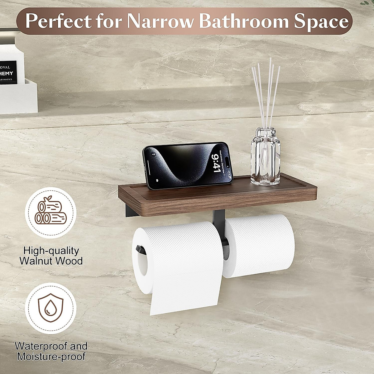 Walnut Toilet Paper Shelves for Bathroom, Jusmoo Double Toilet Paper Holder with Shelf, Bathroom Tissue Wood Holder with Shelf, Screw Wall Mount Bathroom Storage Dispenser