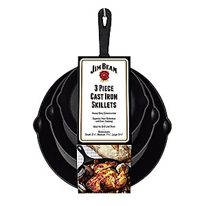 Jim Beam HEA Set of 3 Pre Seasoned Cast Iron Skillets with Even Distribution and Heat Retention-6" 8" 10", 10'', Black