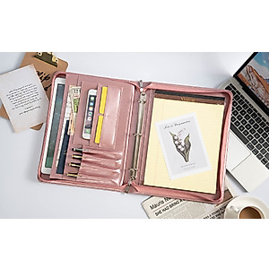 AZXCG Zipper Binder Portfolio for Women, 3 Ring Binders 1 inch, PU Leather Padfolio Folder, Business Portfolio Organizer with A4 Legal Pads, Thin Leather Professional Binder, Gift for Her, Rosegold