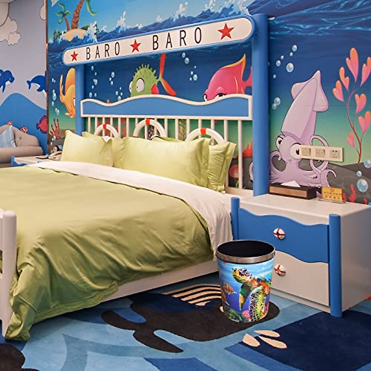 Sea Turtle Trash Can, 12 Liter/2.6 Gallon PU Leather Trash Cans, Garbage Can with Press Ring, Decoration Waste Paper Basket, Container Trash Bin for Ocean Room, Children's Bedroom, Home, Office