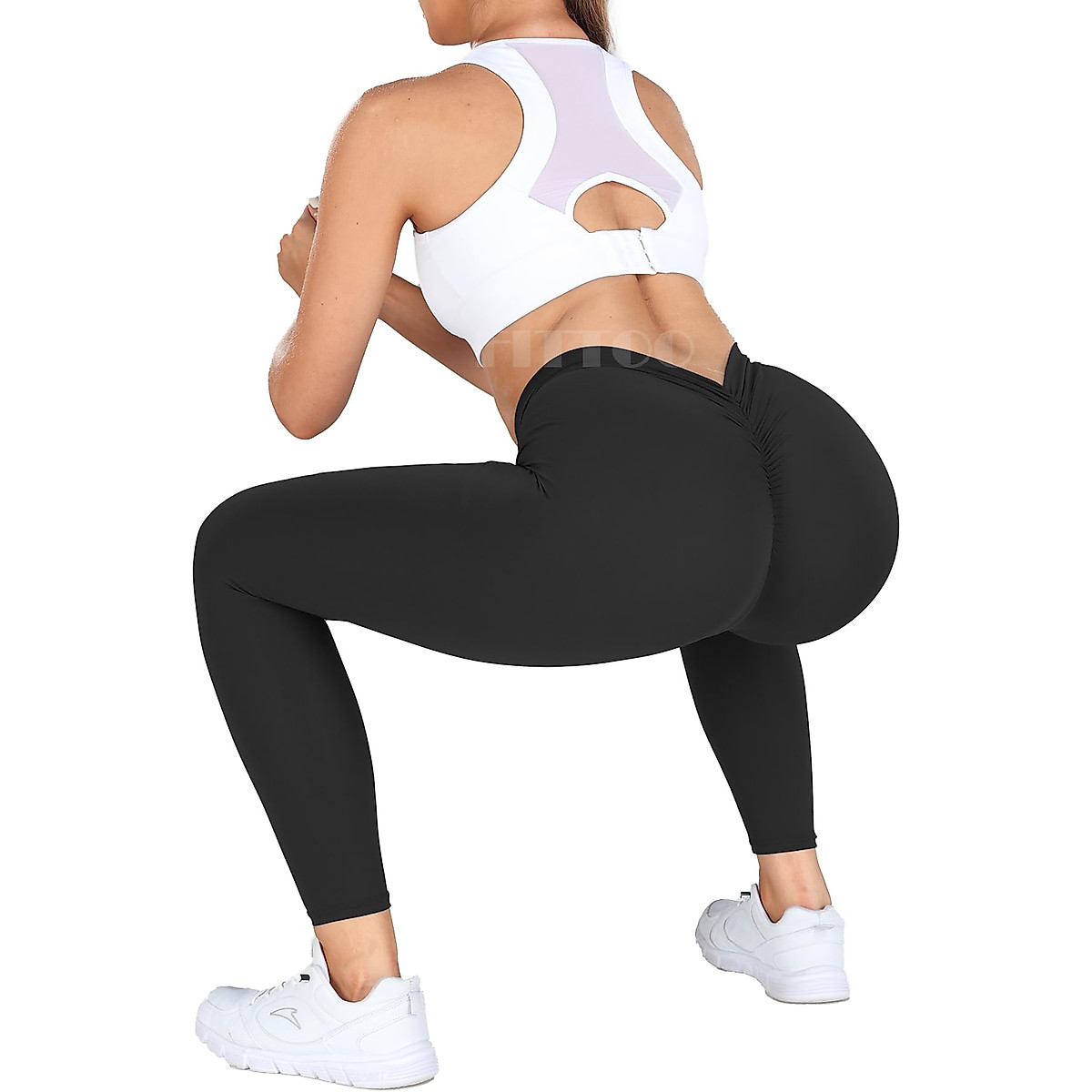 FITTOO V-Back Scrunch Butt Lift Leggings for Women High Waist Tummy Control Booty Lifting Gym Workout Yoga Pants Black Small