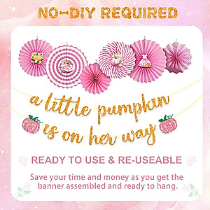 Little Pumpkin Baby Shower Decorations, 38Pcs Pumpkin Baby Shower A Little Pumpkin Is On Her Way Banner, Fall Baby Shower Decorations Girl Maple Leaf Pumpkin Balloons Paper Flower Balls Paper Fans