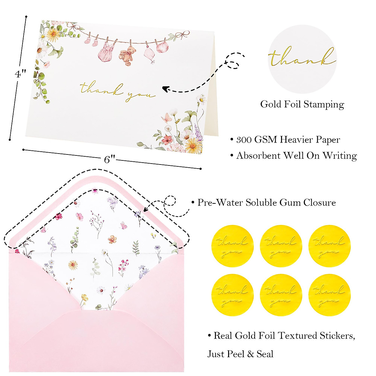 Crisky Baby Shower Pink Gold Thank You Cards (50 Pack) with Envelopes & Stickers Girl Baby Shower Greeting Cards Bulk, Watercolor Delicate Wildflower for Baby Shower Party