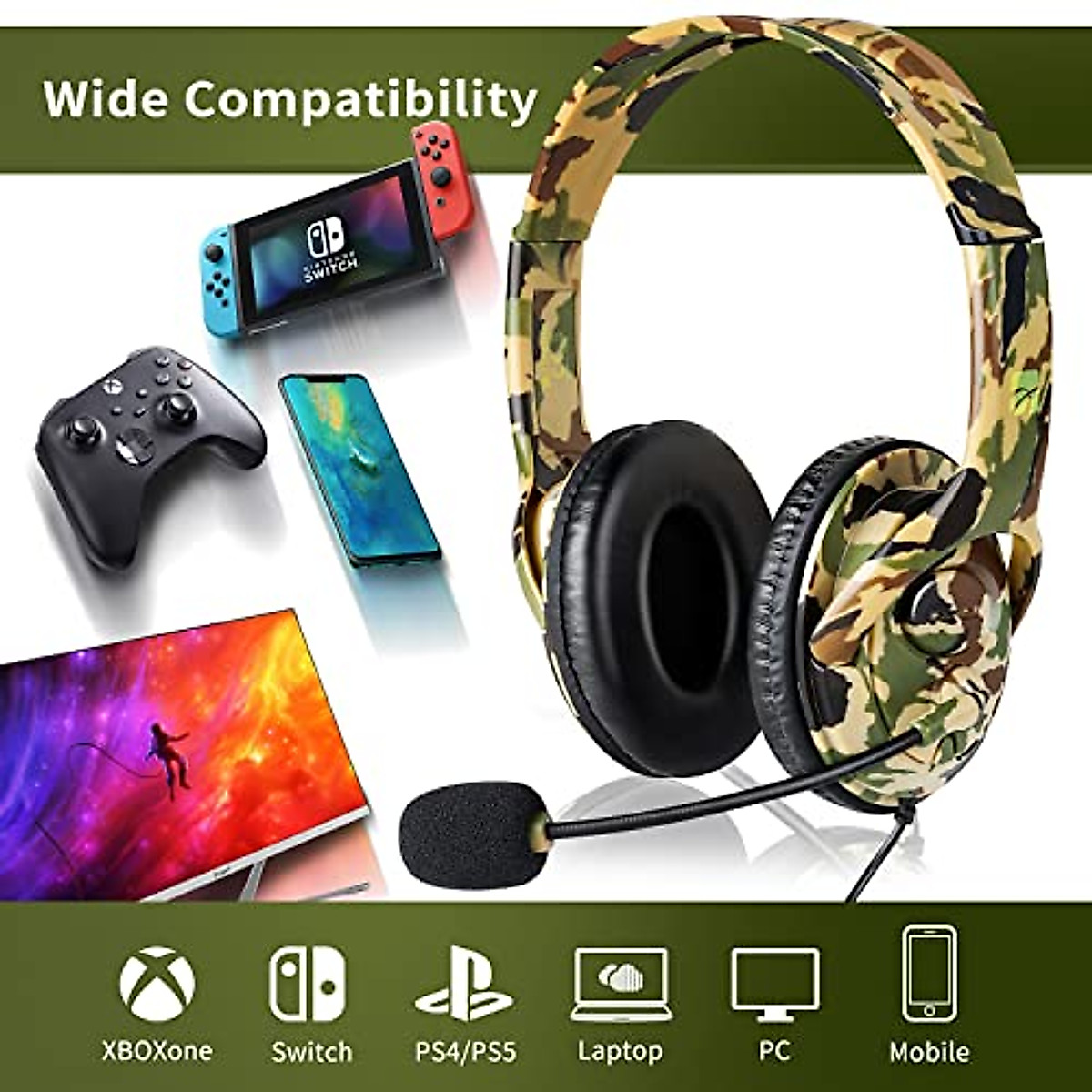 FNSHIP 3.5mm Port Wired Gaming Headset Stereo bass-Isolated Headphones with mic Volume Control Compatible for PS4 PS5 New X-Box One PSP PC Laptop Tablet PC Phone (Camouflage Green)