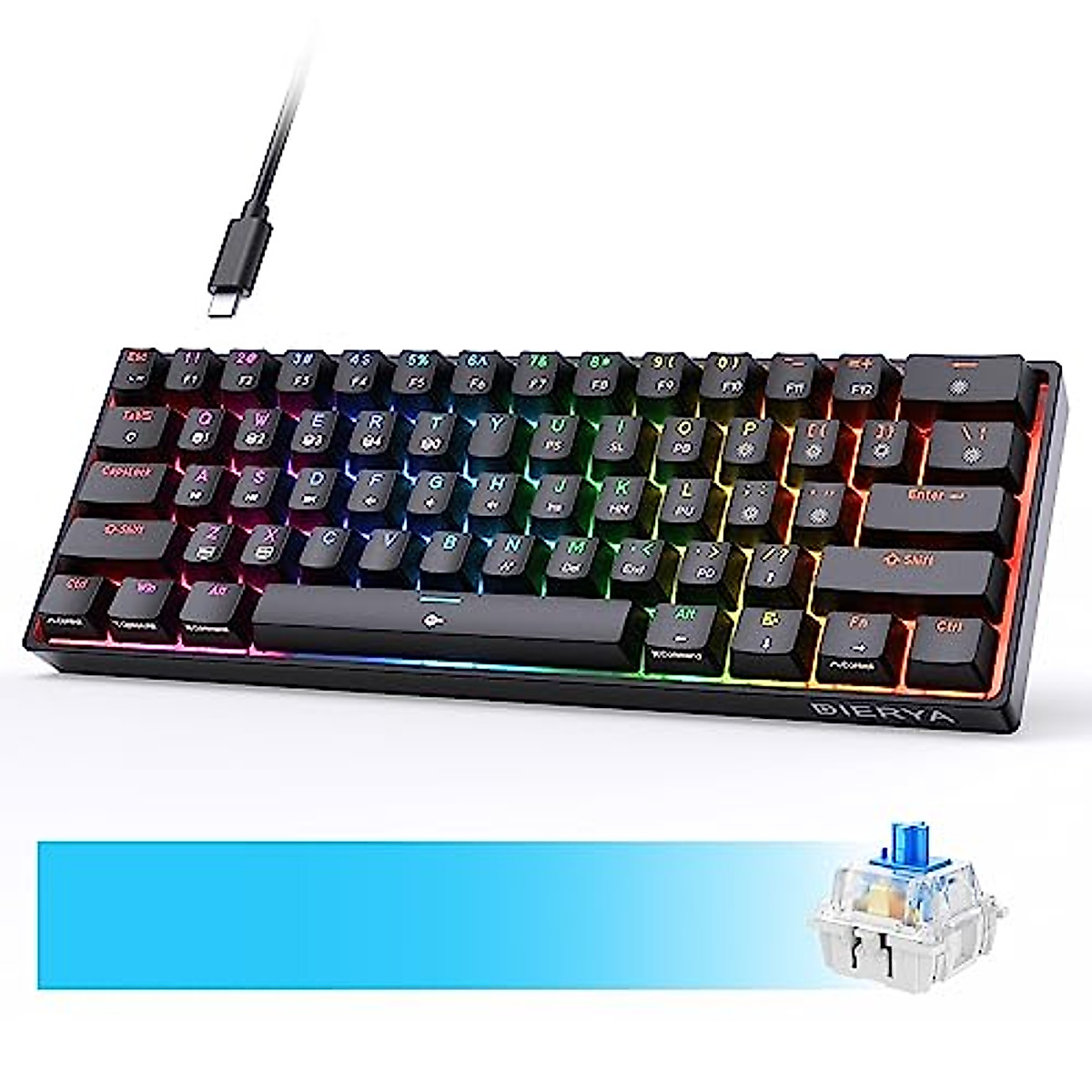 DIERYA DK61E Mechanical Gaming Keyboard, 60% Percent Keyboard w/Hot-swappable, PBT Keycap, Full Keys Programmable, N-Key Rollover, RGB Backlit, USB-C, Ultra-Compact Mini Wired Keyboard w/Blue Switch