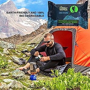 Combat Wipes ACTIVE Outdoor Wet Wipes - Extra Thick Camping Gear, Biodegradable, Body & Hand Cleansing/Refreshing Cloths for Backpacking & Gym w/Natural Aloe & Vitamin E(4 packs, 25 wipes each)
