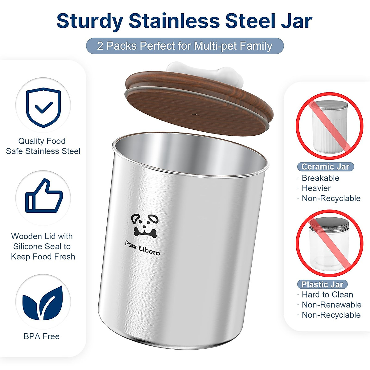 17 oz/6 cups+31 oz/10 cups 2PK Stainless Steel Dog Treat Container Airtight with Wooden Lid to Keep Fresh, Metal Dog Food Storage Container with Ceramic Bone Handle, Easy Clean Dog Treat Jar Bin