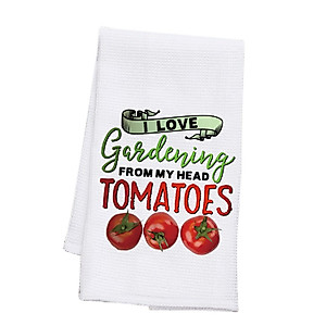 BDPWSS Funny Tomato Kitchen Towel Gardener Gift Plant Lover Dish Towel I Love Gardening from My Head Tomatoes Tea Towel (Gardening Tomatoes TW)
