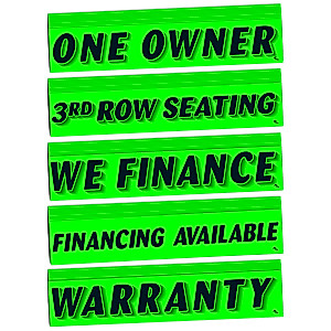 Versa Tags Windshield Slogan Stickers 12 Pack Each of ONE Owner, 3RD Row Seating, WE Finance, FINANCING Available, Warranty (60) Window Stickers Total Dealership Stickers Black On Green