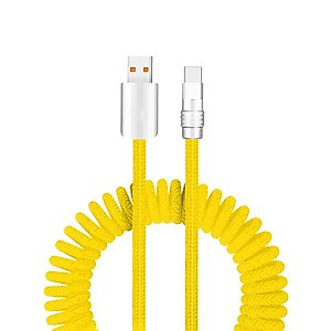 GentsStride Curly Chubby Retractable Car Charge Cable USB Type C Charger Fast Charging Cable Nylon Braided High Speed Data Transmission Cord, Yellow, USB-A to Type-C, 1.6FT-3.3FT