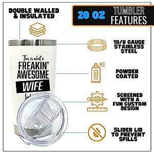 Brooke & Jess Designs Funny Gift for Wife from Husband - Awesome Wife Cup Tumbler Coffee Mug - Great Travel Cup Gifts for Wives from Husbands, Birthday Presents for Her